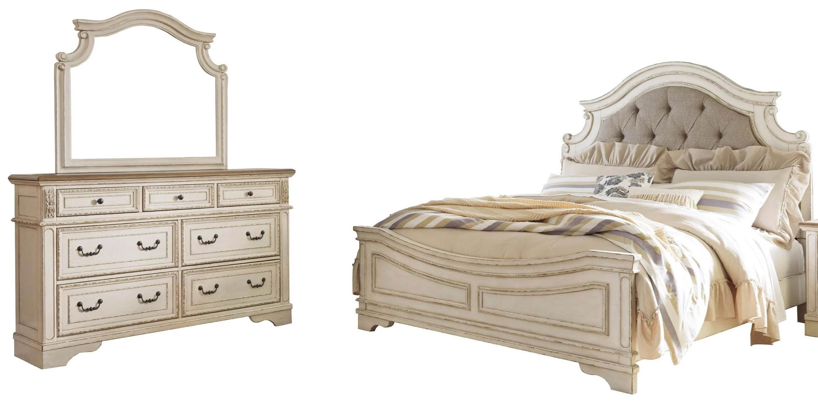 Ashley Signature Design Realyn B743B3 Queen Upholstered Panel Bed, Dresser And Mirror | Dunk ...